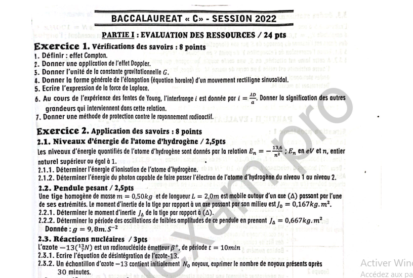 Bac C 2022 Physique | Baccalaureat C 2022 | Eduexam Academy